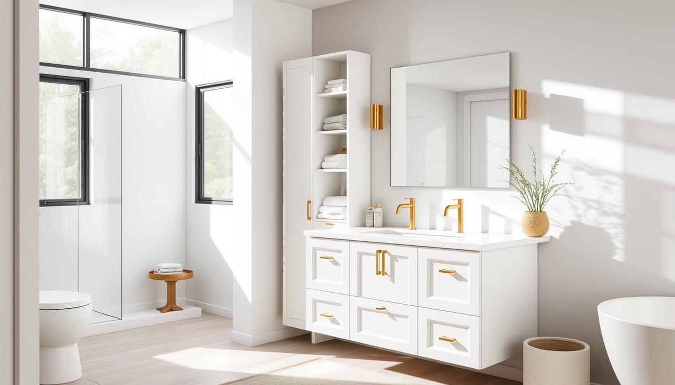 Bathroom Sink Vanity With Tower Rustic Style Carrara White Marble Top